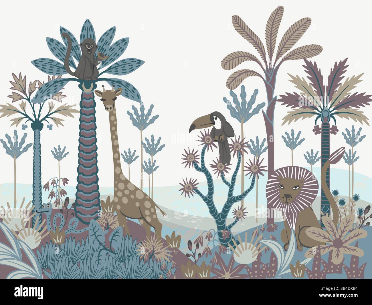 Mural with simple animals, trees and plants. Tropical jungle vector for ...
