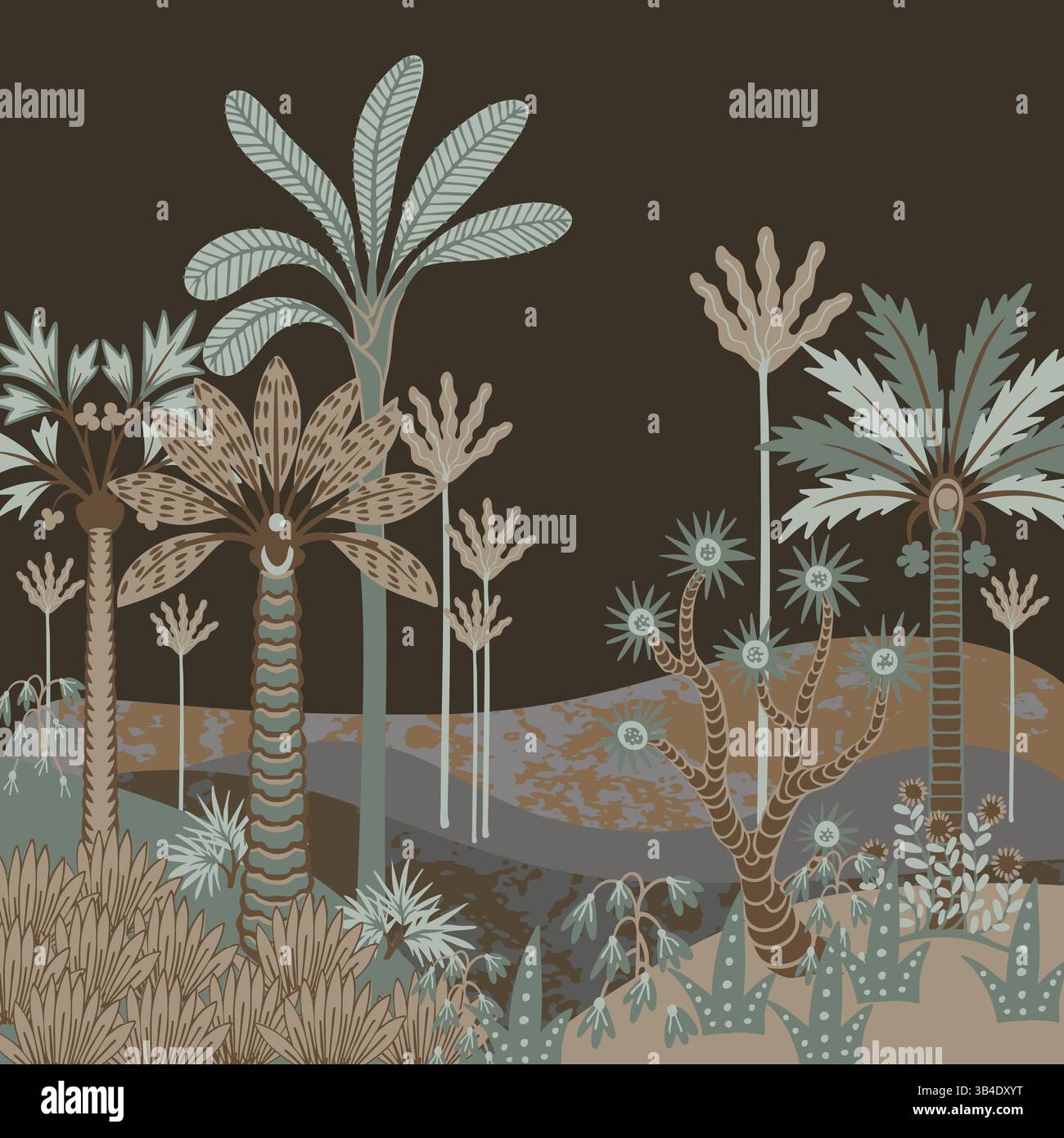 Mural with simple landscape with trees and plants. Tropical jungle ...