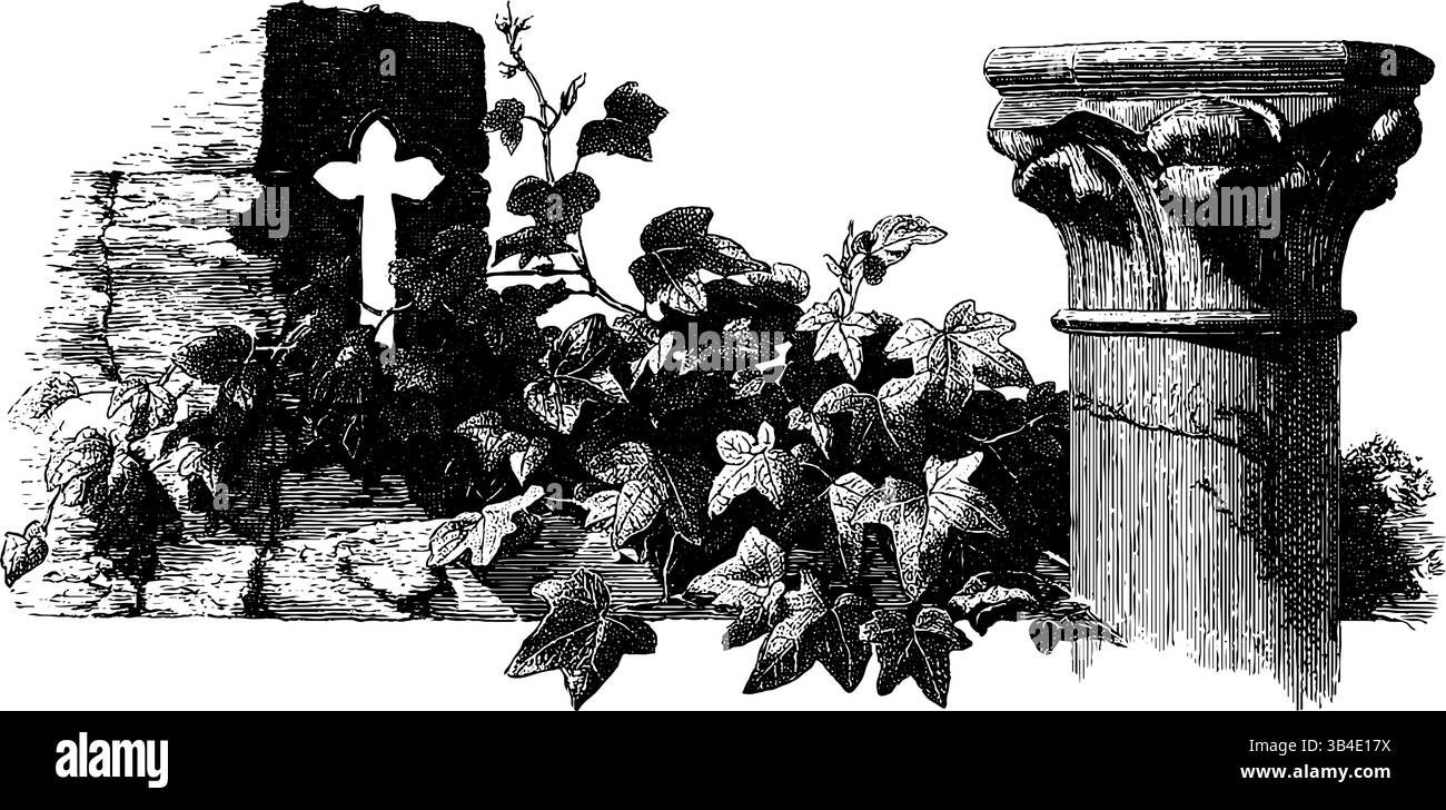 Vintage engraved ivy scroll and cross with ancient column design for ...