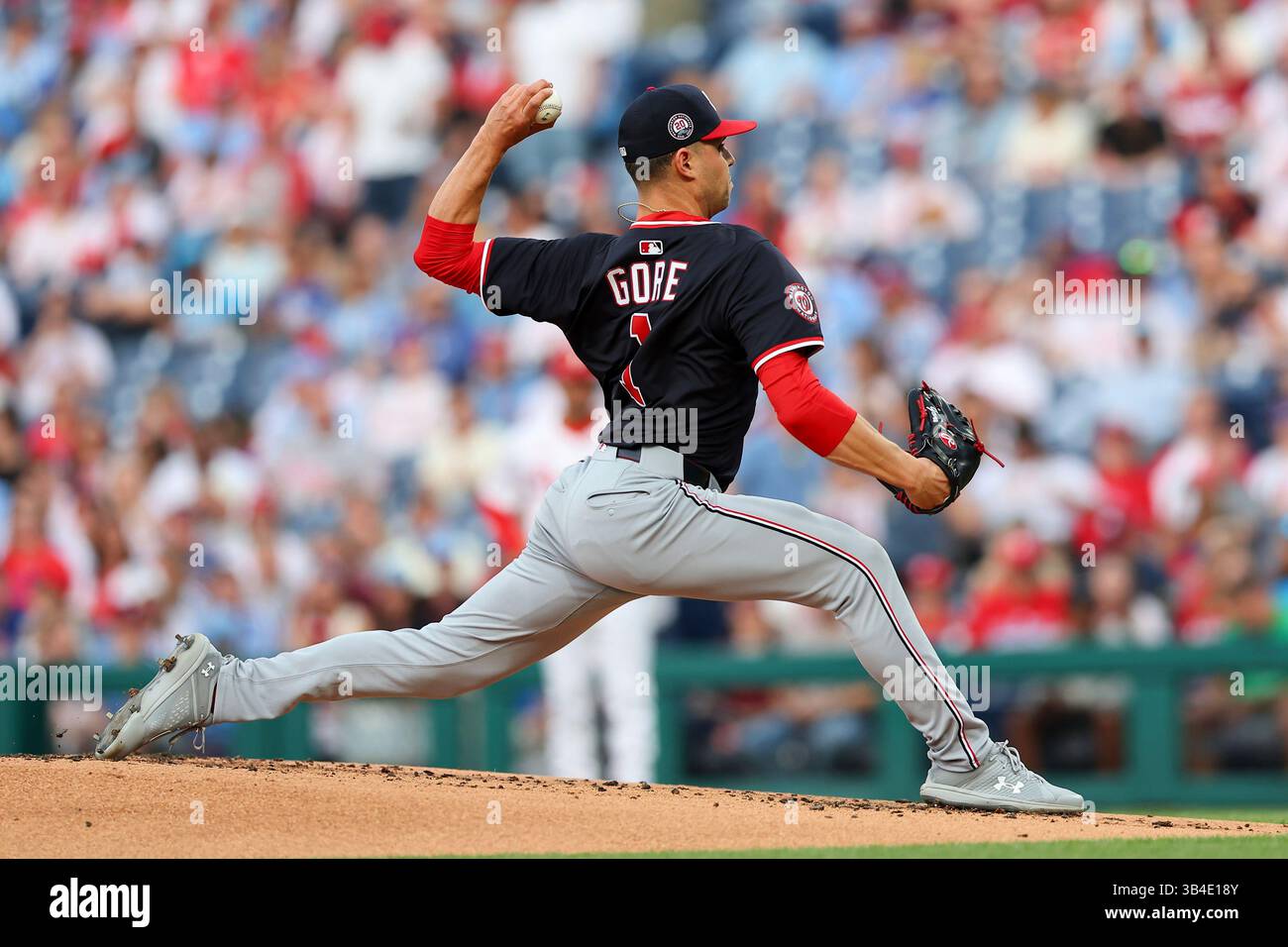 PHILADELPHIA, PA - APRIL 29: MacKenzie Gore #1 of the Washington Nationals pitches during the ...