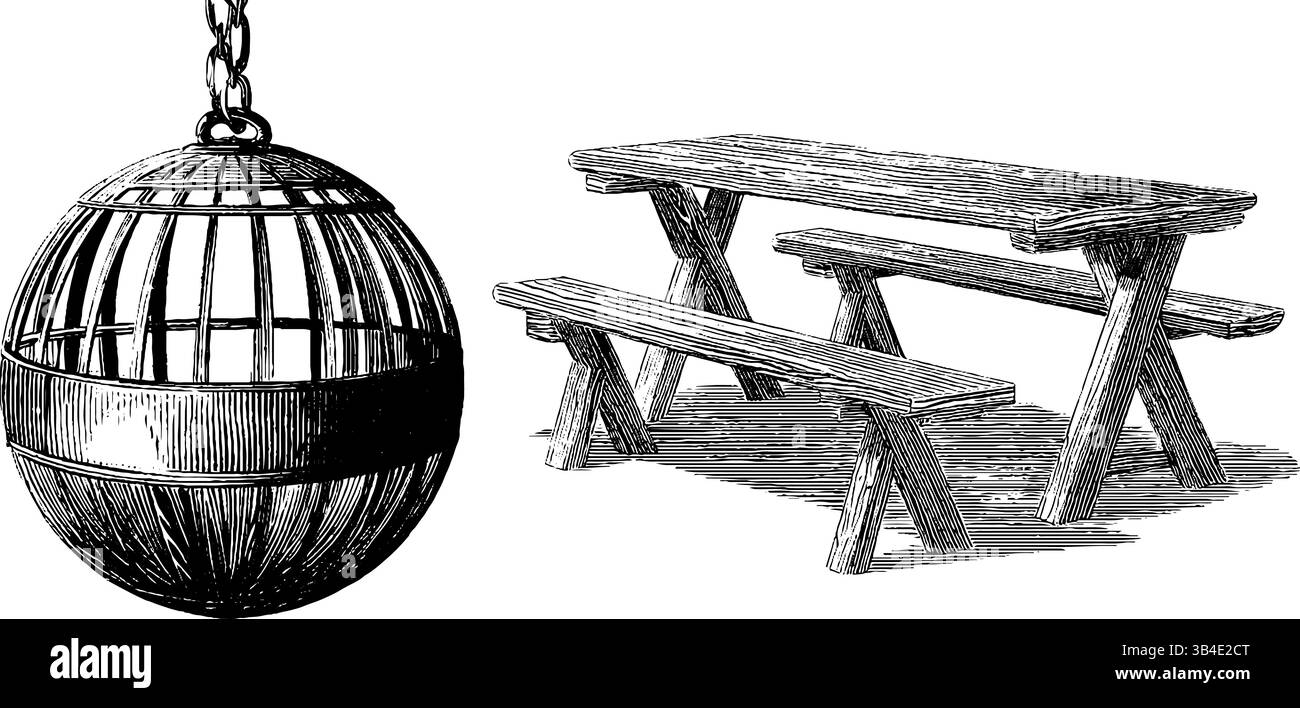 Vintage engraved illustration of spherical light fixture and wooden ...