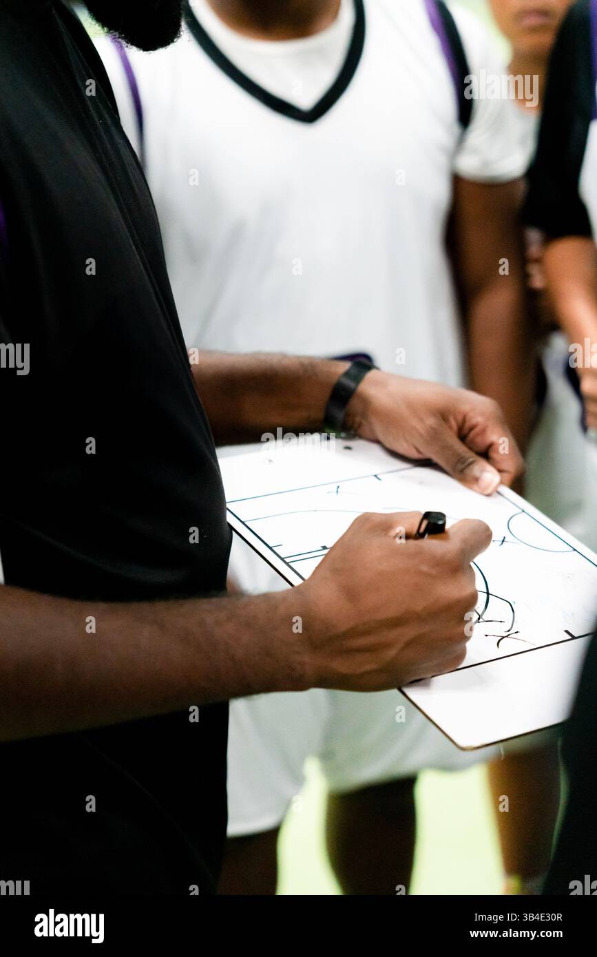 Coach draws basketball strategy on play board during timeout, perfect ...