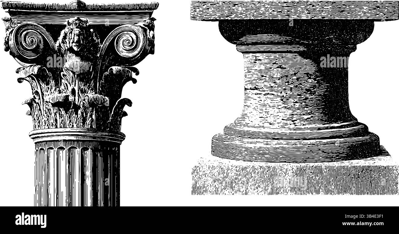 Engraved illustration set of ionic column and architectural details for design enthusiasts Stock ...