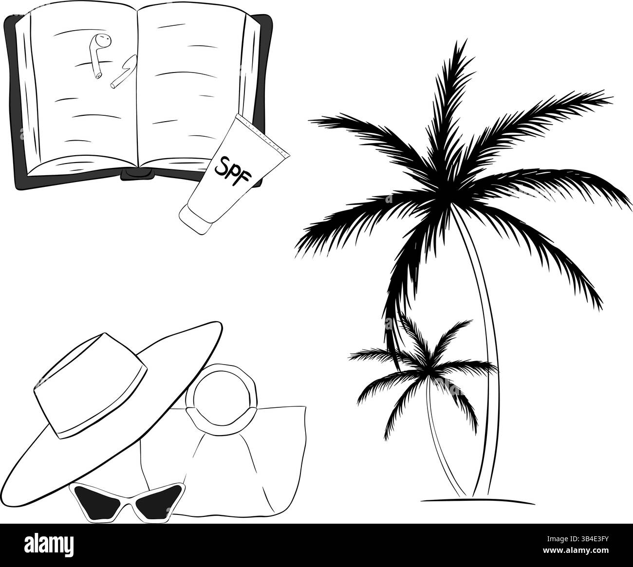 Beach essentials composition set. Vector graphic line ink isolated ...