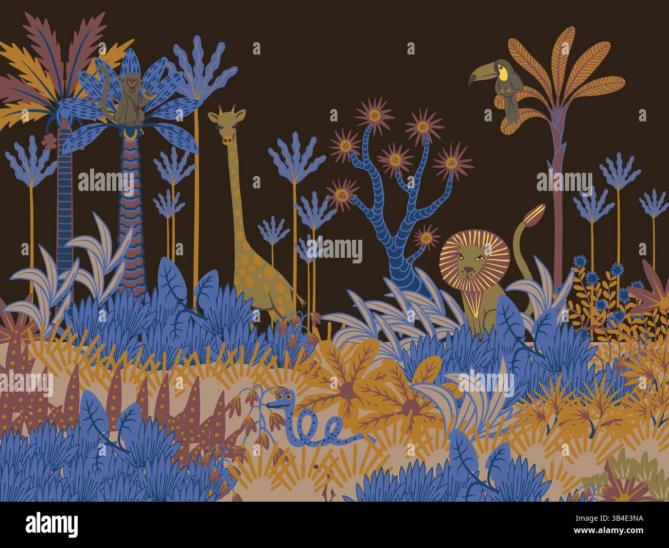 Mural with simple animals, trees and plants. Tropical jungle vector for ...