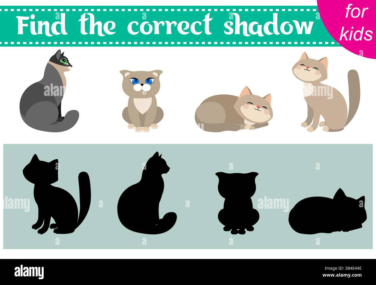 Brainteaser for kids. Different cats. Find the correct shadow ...
