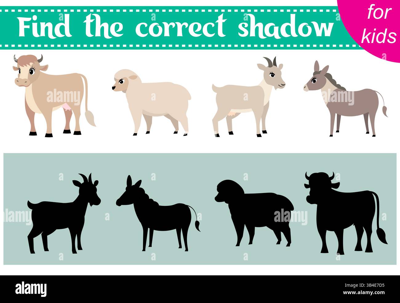 Brainteaser for kids. Farm animals. Cow, sheep, goat and donkey. Find ...