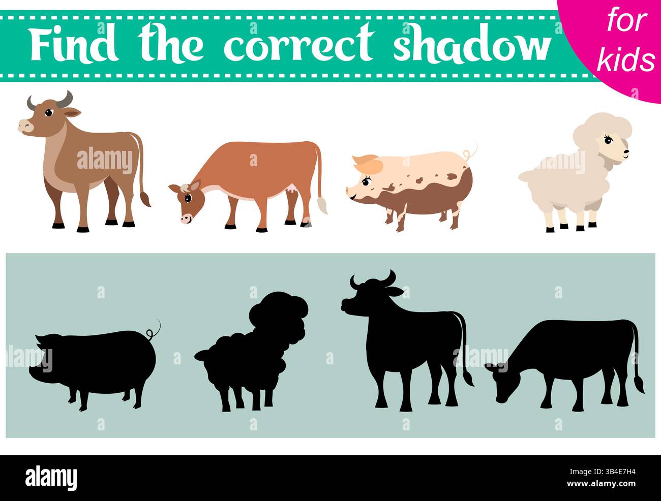 Brainteaser for kids. Farm animals. Bull, cow, pig and sheep. Find the ...