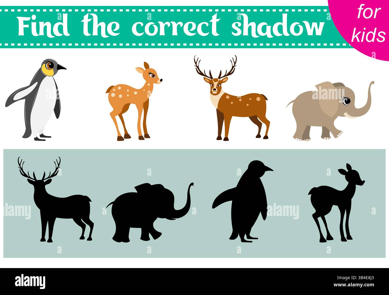 Brainteaser for kids. Zoo animals. Penguin, fawn, deer and elephant ...