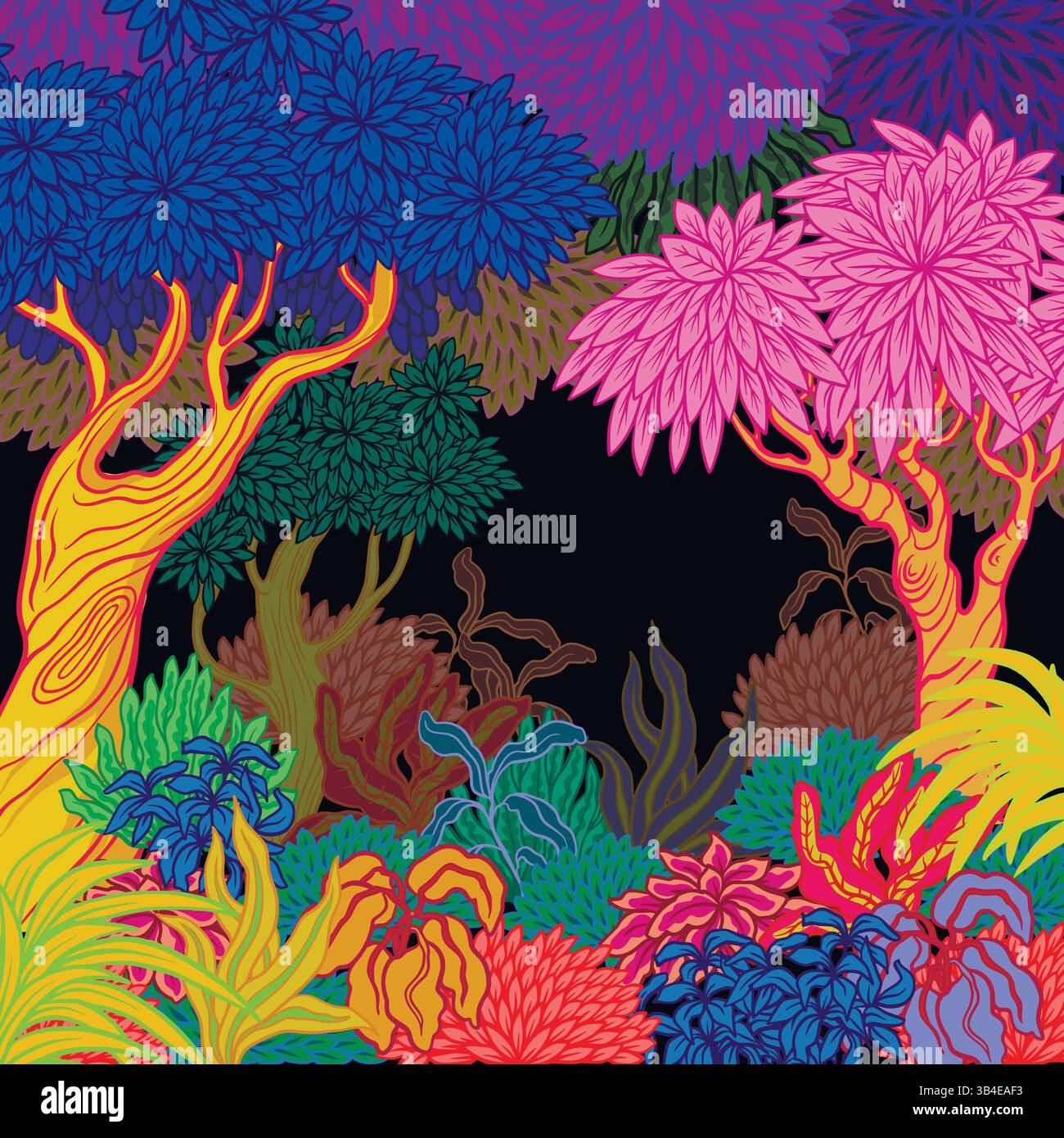 Mural with vivid stylized trees and plants in graphic style. Vector ...