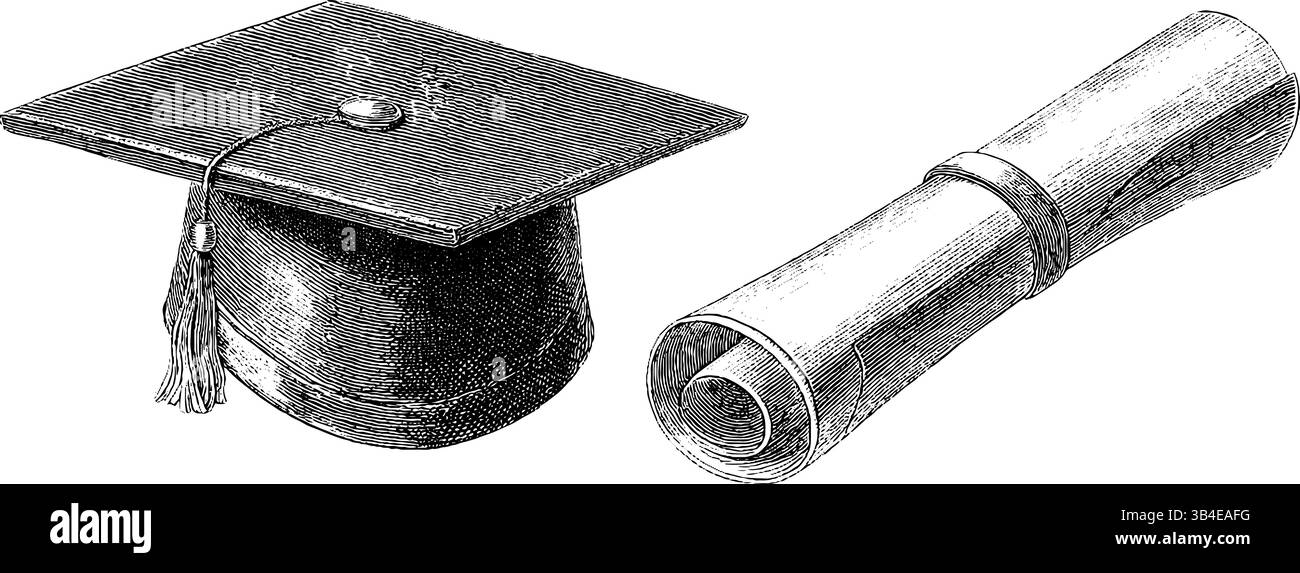 Engraved graduation cap and diploma illustration for education and ...