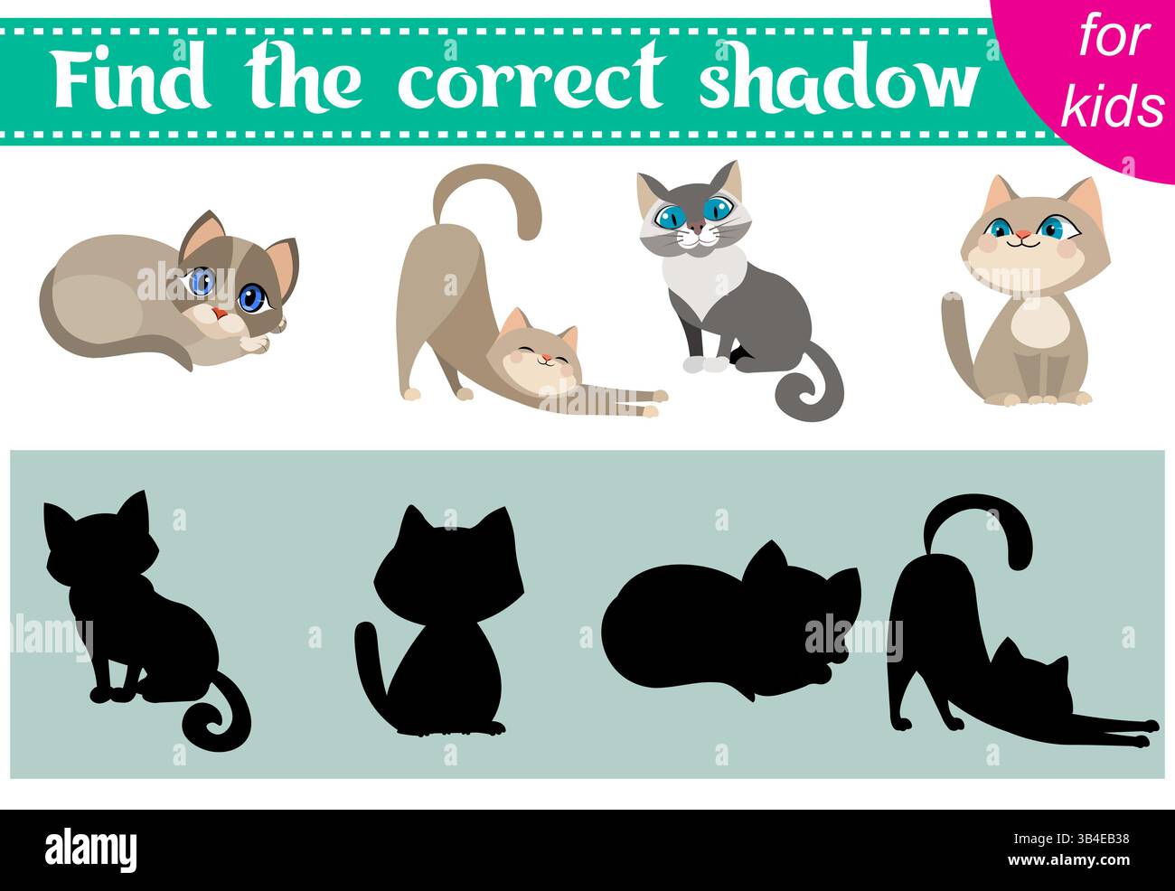 Brainteaser for kids. Cute cats. Find the correct shadow. Educational ...