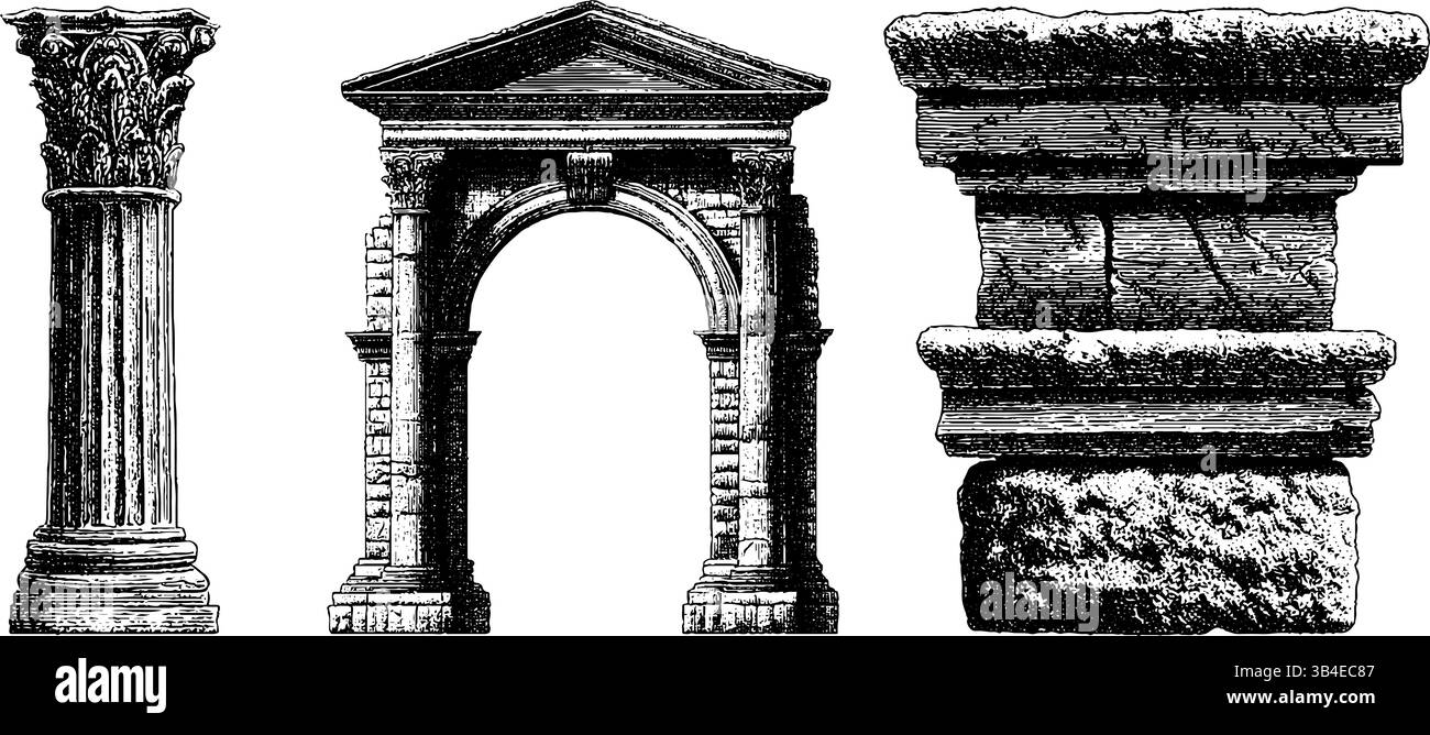 Vintage architectural elements engraving set featuring entablature and ...