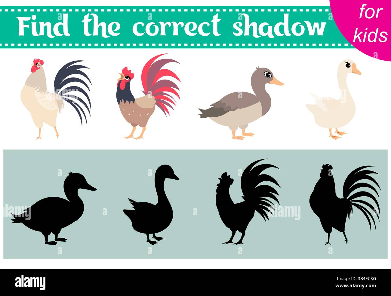 Brainteaser for kids. Farm animals. Rooster and goose. Find the correct ...