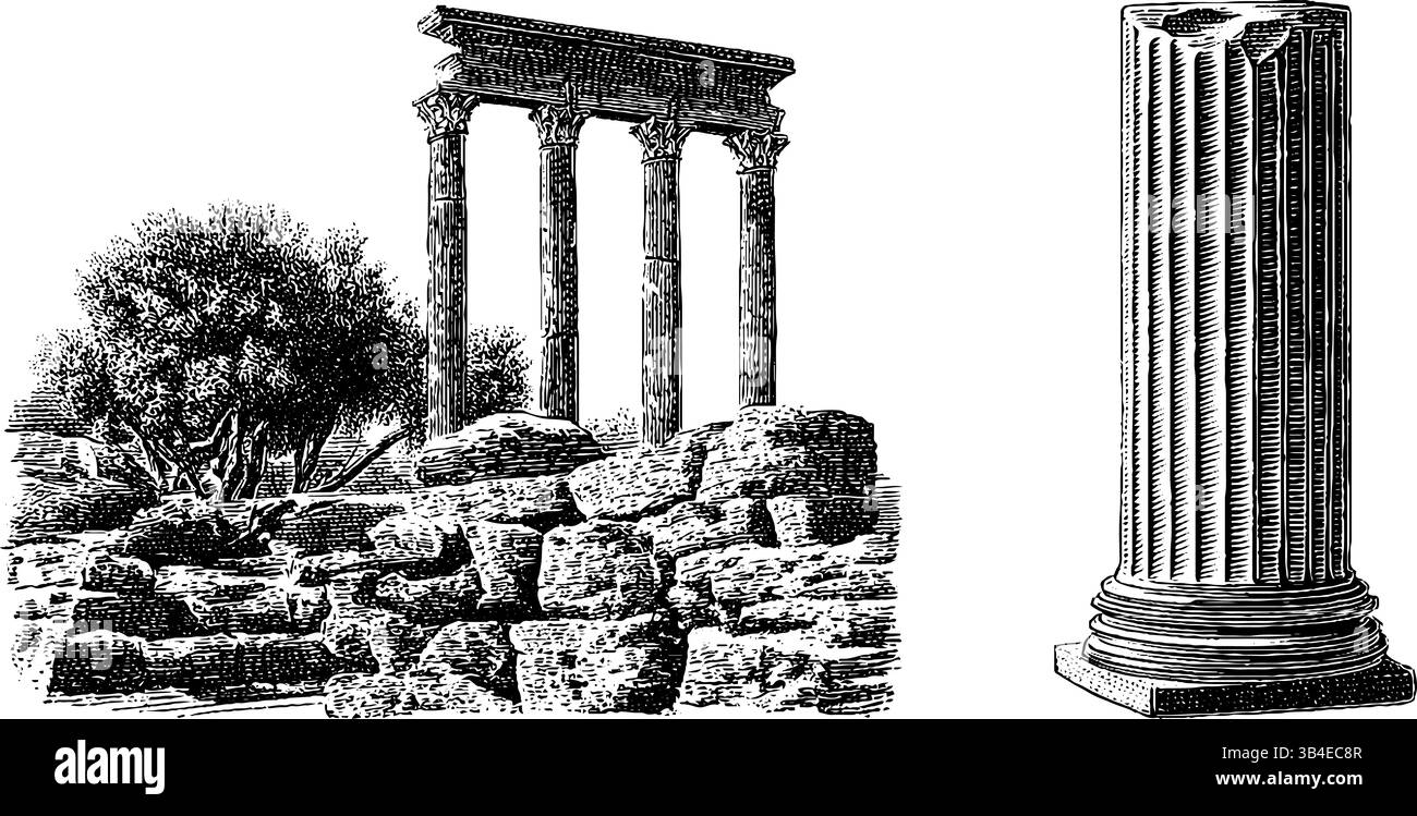 Engraved illustration of ancient temple ruins and column for historical ...