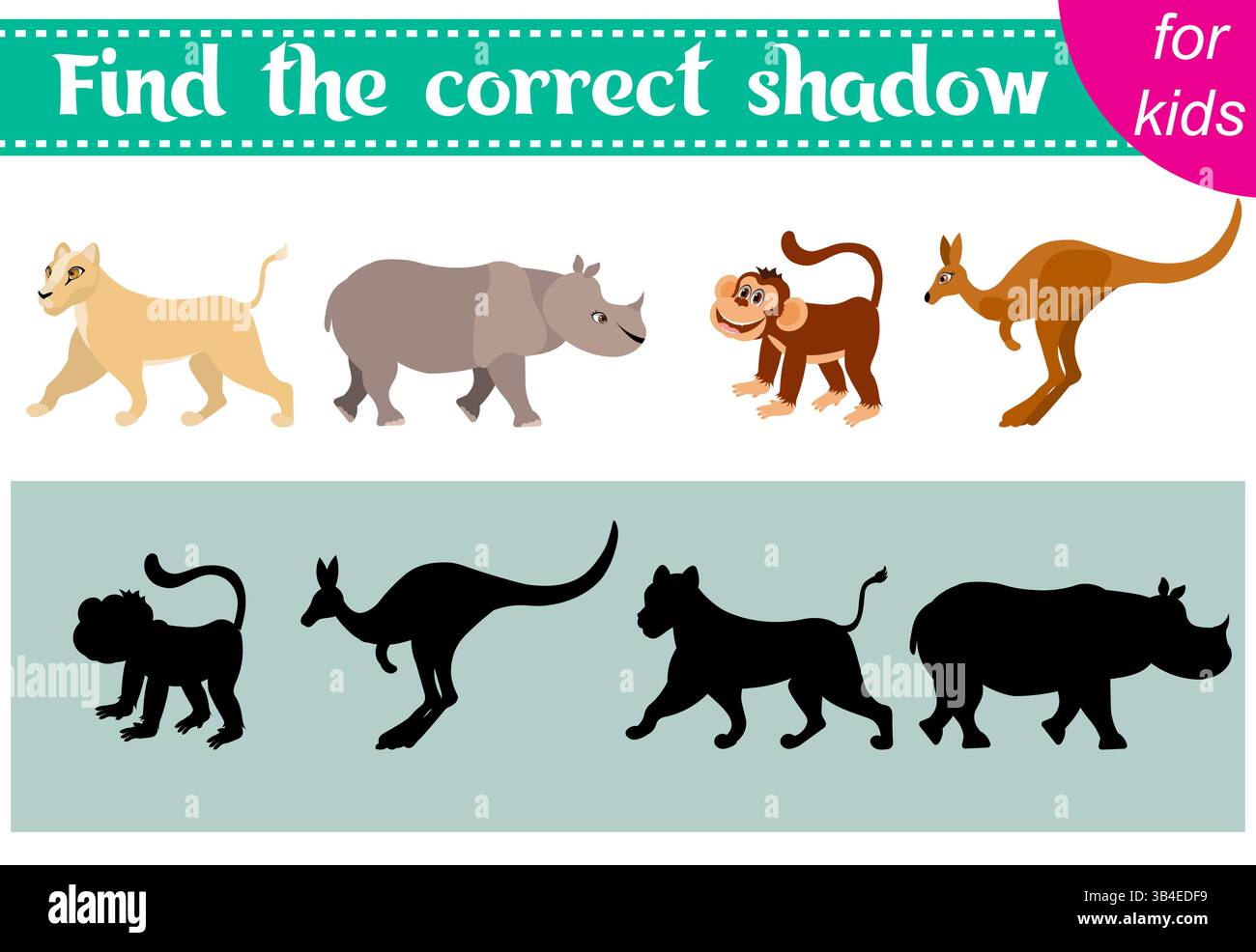 Brainteaser for kids. Zoo animals. Rhinoceros, kangaroo, lioness and ...