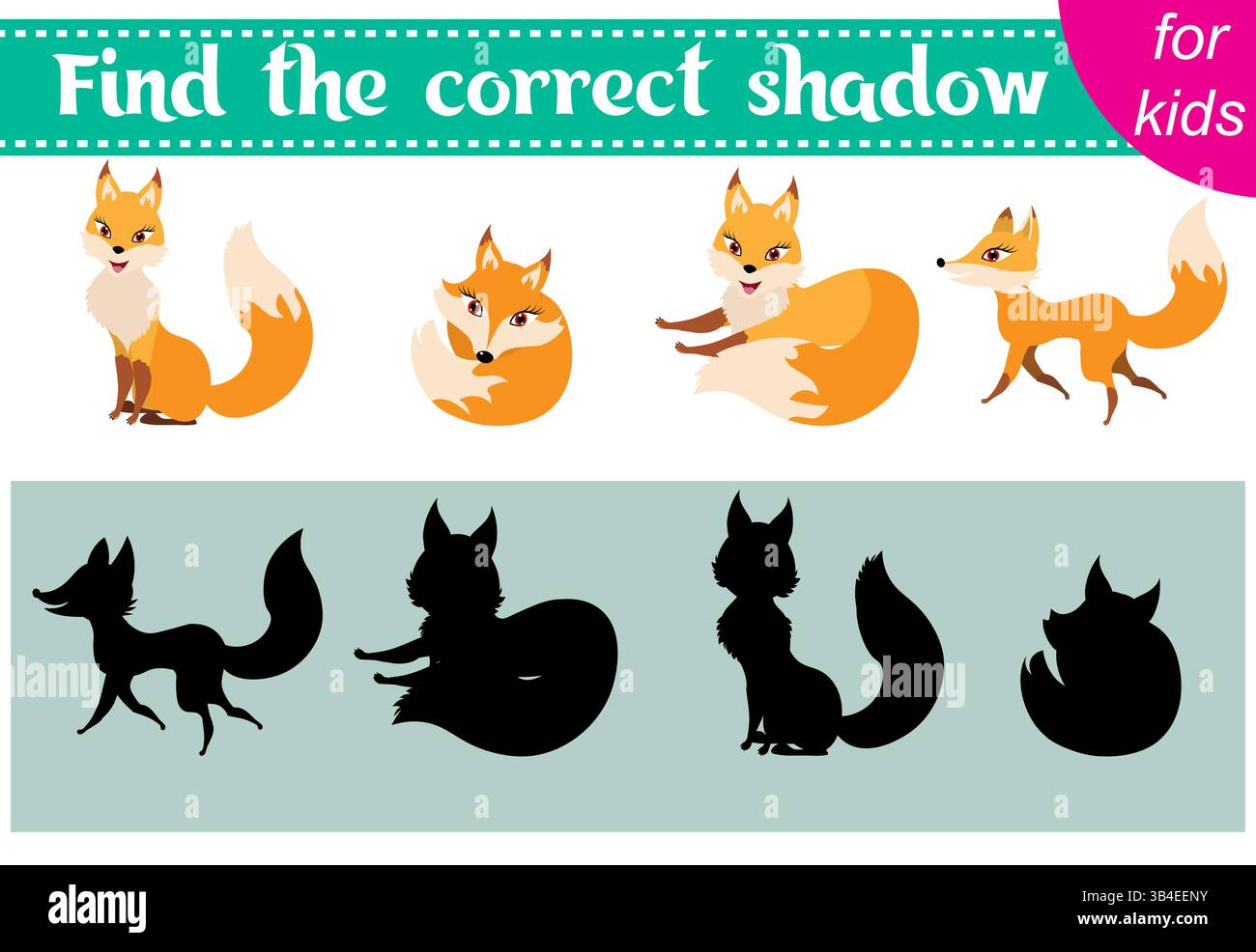 Brainteaser for kids. Zoo animals. Cute foxes. Find the correct shadow ...