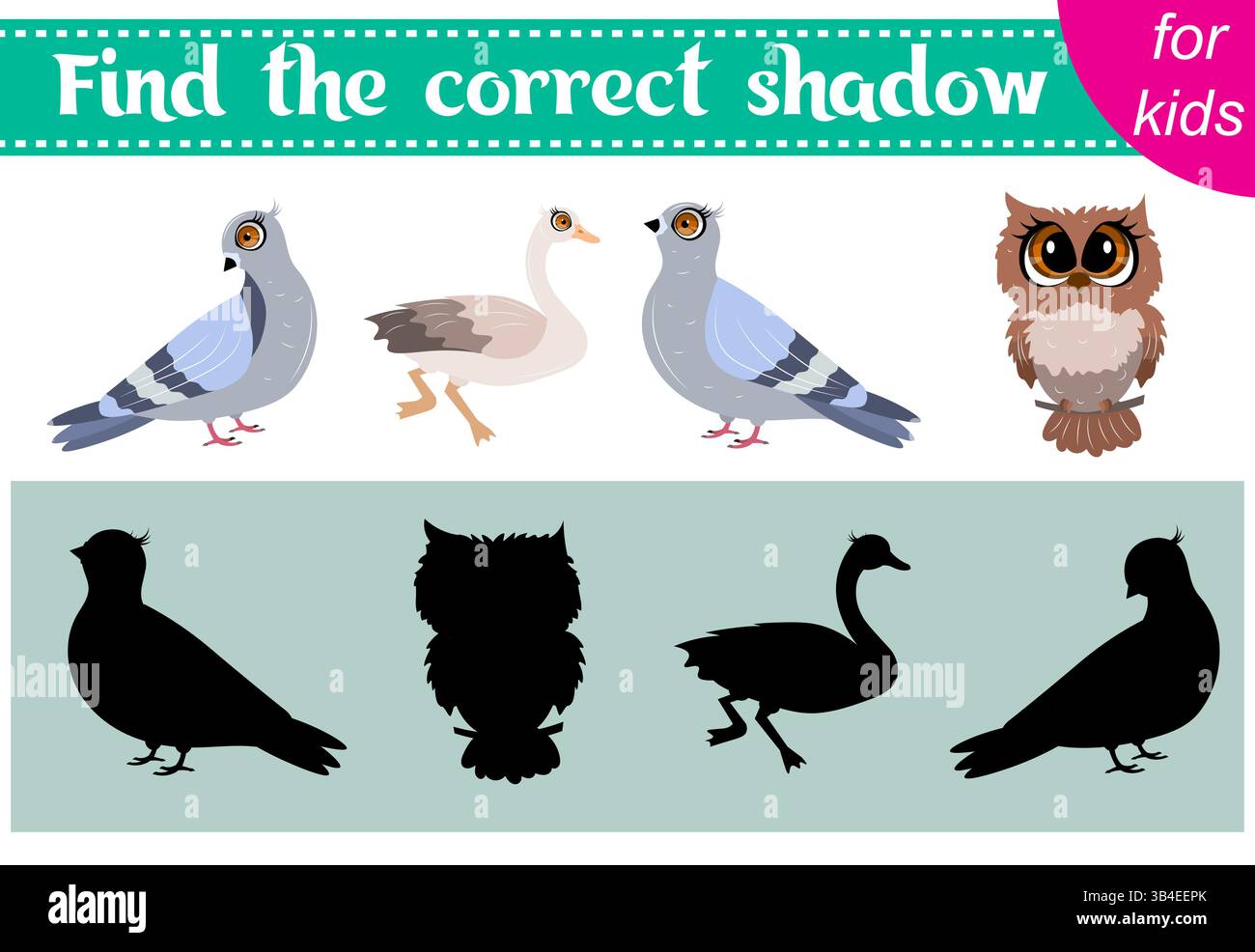 Brainteaser for kids. Zoo animals. Pigeon, goose and owl. Find the ...