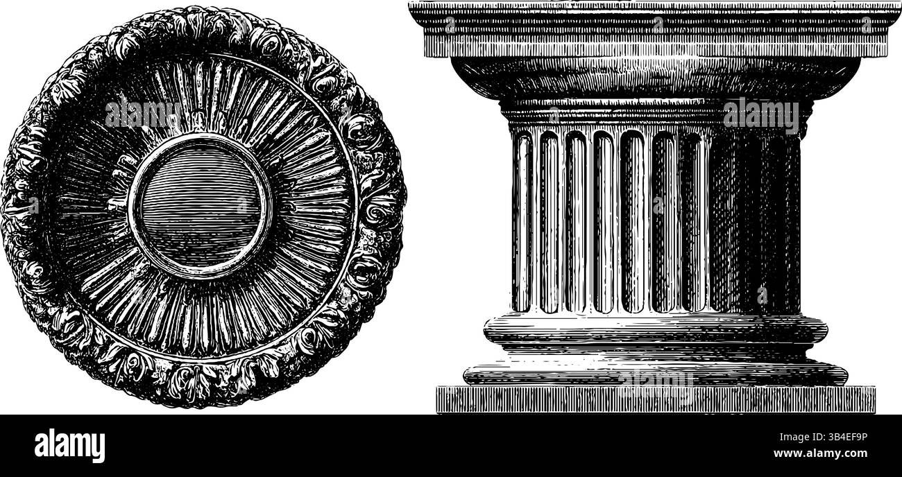 Engraved illustration set of colossal column elements for design Stock ...