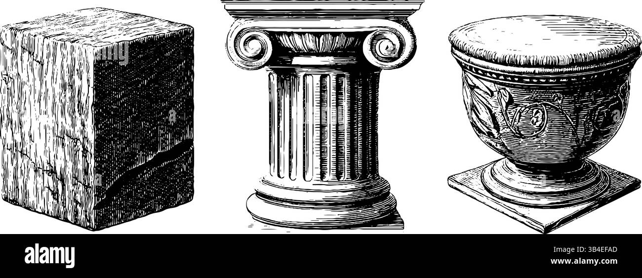 Classical architectural elements engraved illustration set: pillar and ...