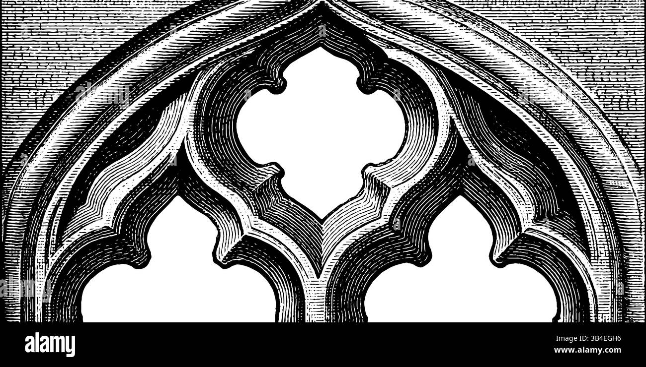 Gothic architecture tracery window engraving design for historical art ...