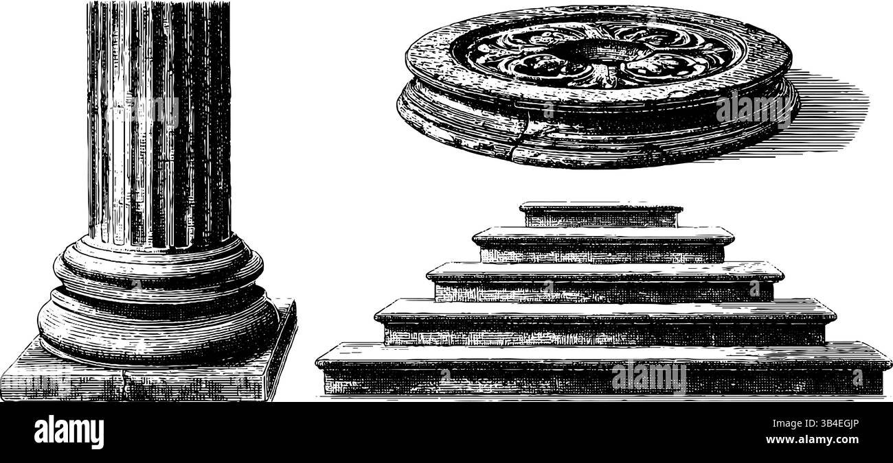 Engraved architectural elements featuring colossal column and base ...