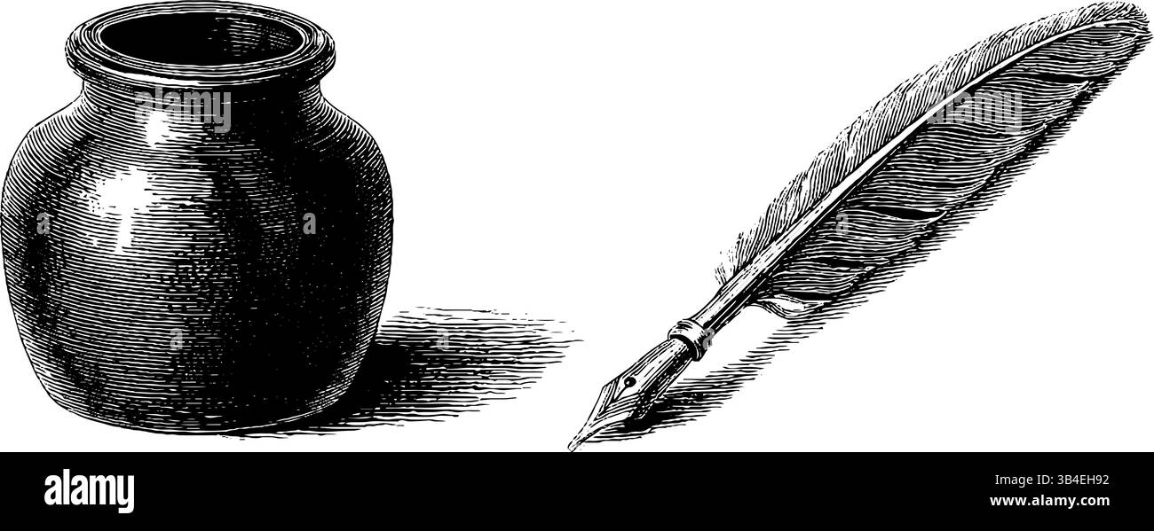 Vintage writing tools engraved illustration with ink pot and quill ...