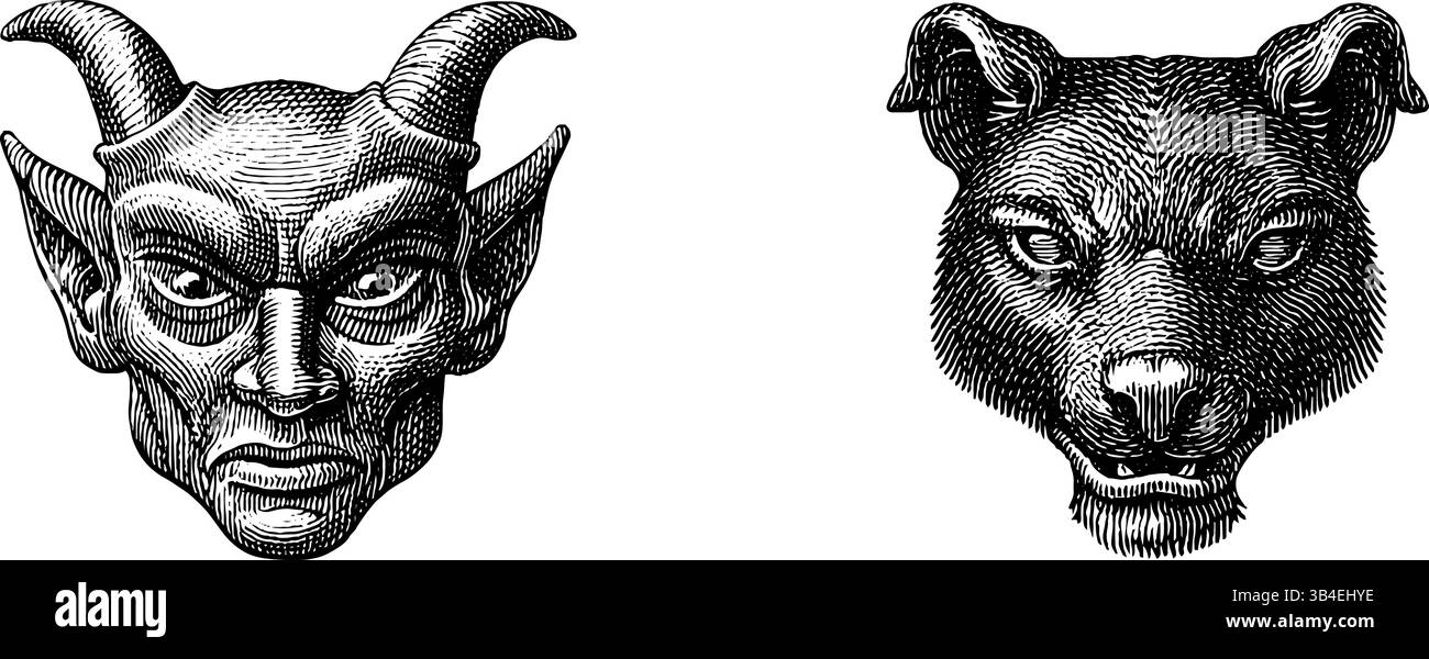Mythical creatures: engraved illustrations of gargoyle and wendigo for ...