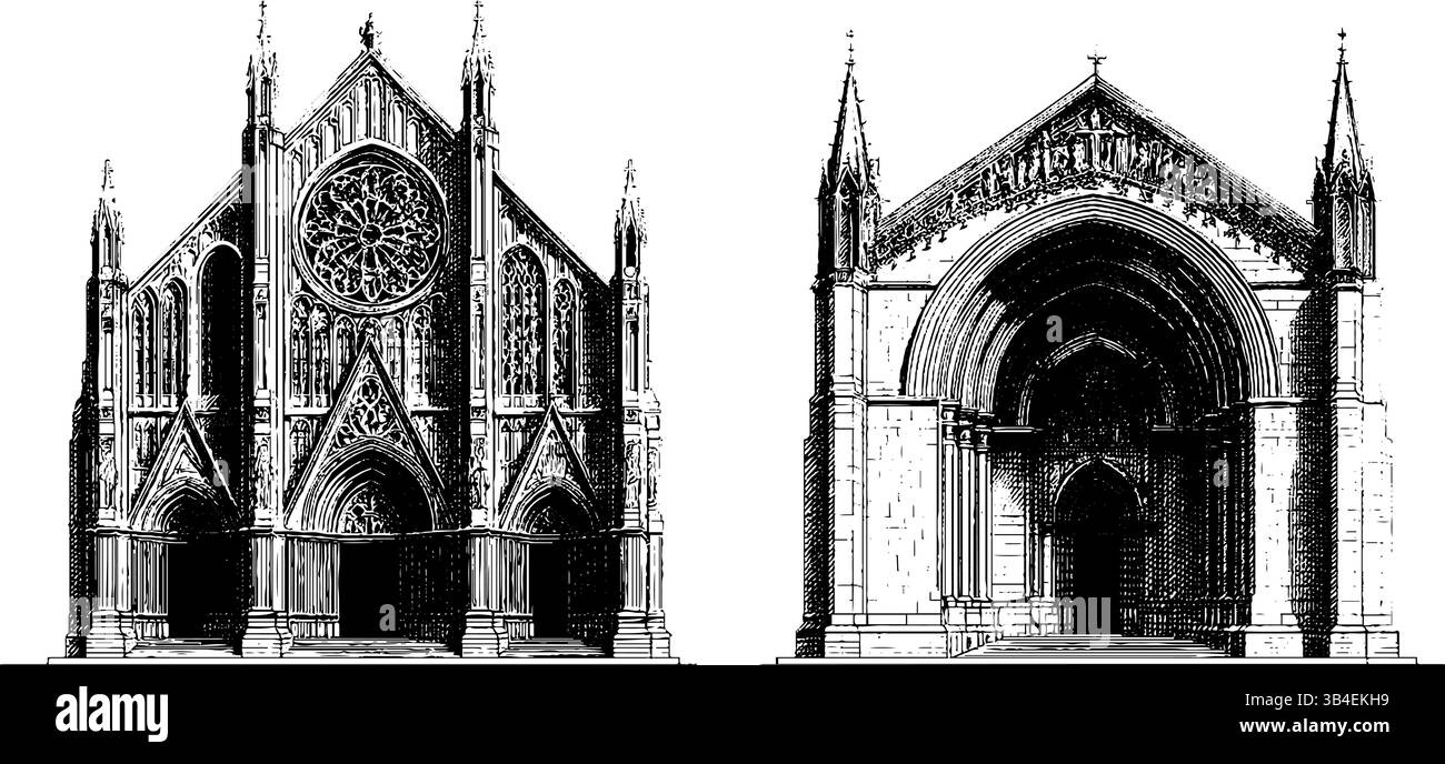 Detailed engraved illustrations of cathedral facades for historical ...
