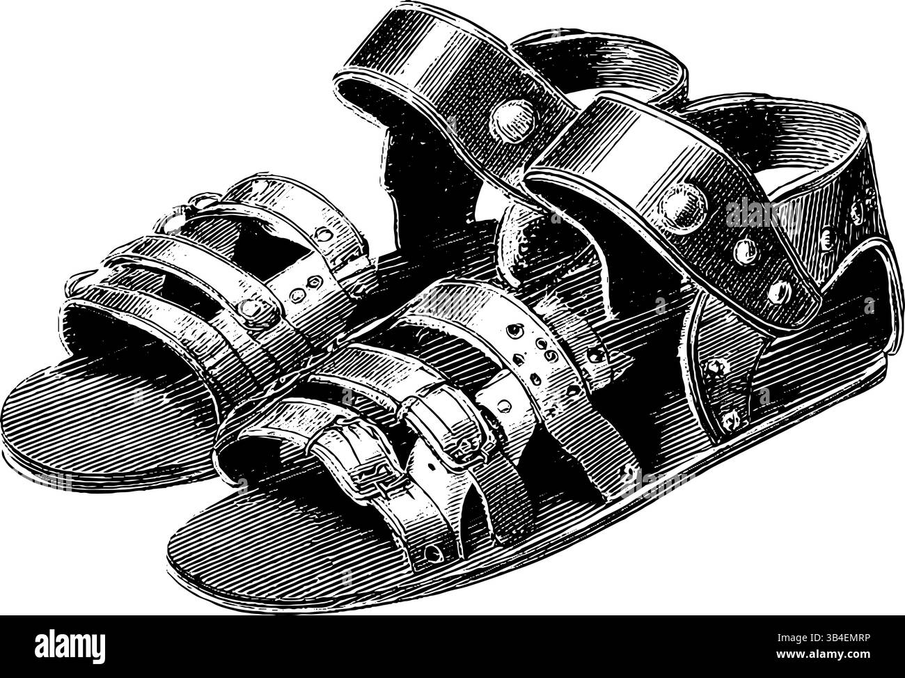 Detailed engraving of historical military sandals for printing and ...