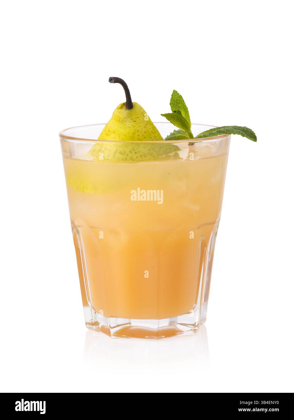 Pear drink with pulp in glass with ice and top of pear in glass ...