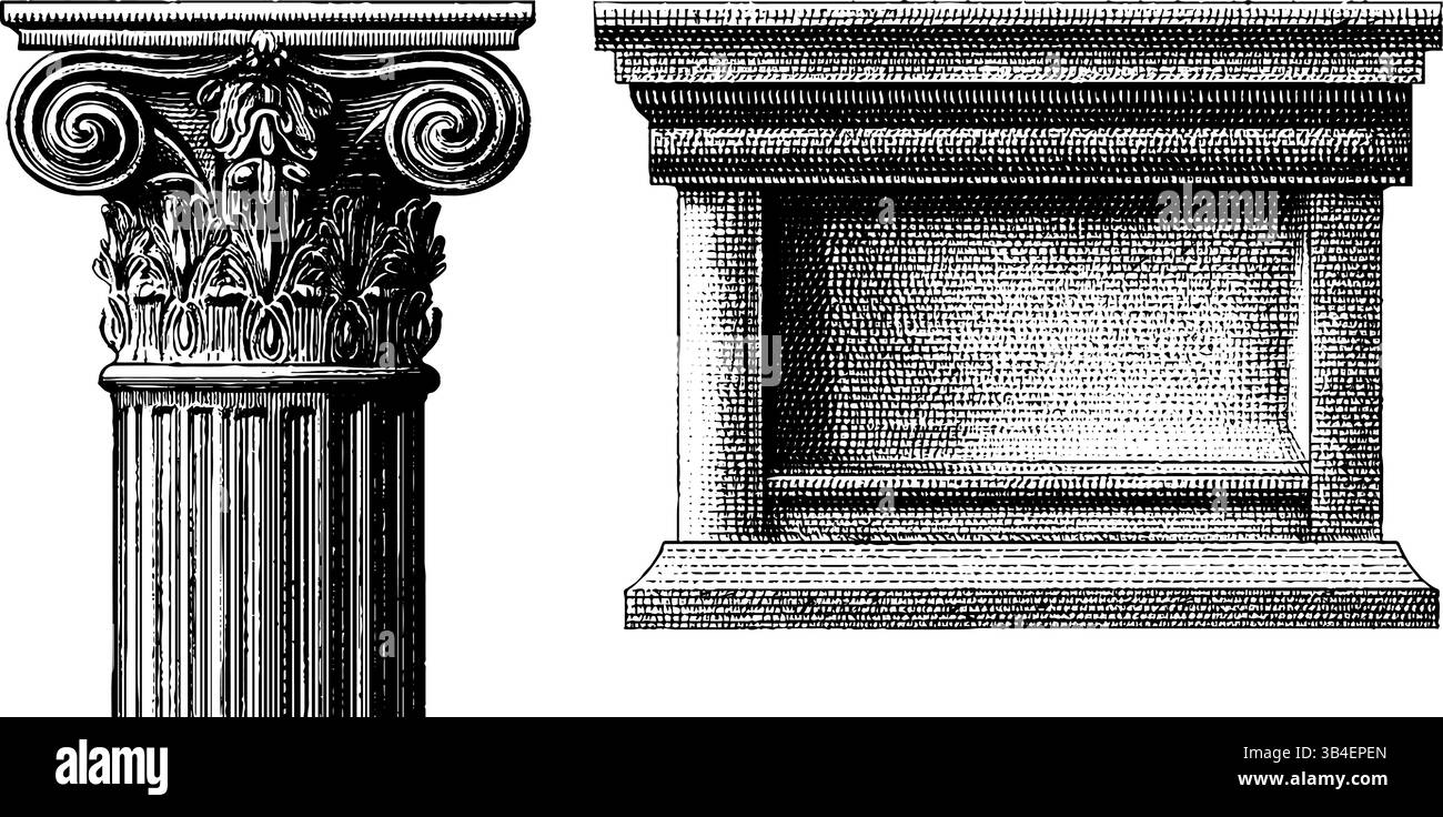 Classical architecture elements: engraved illustrations of column shaft ...