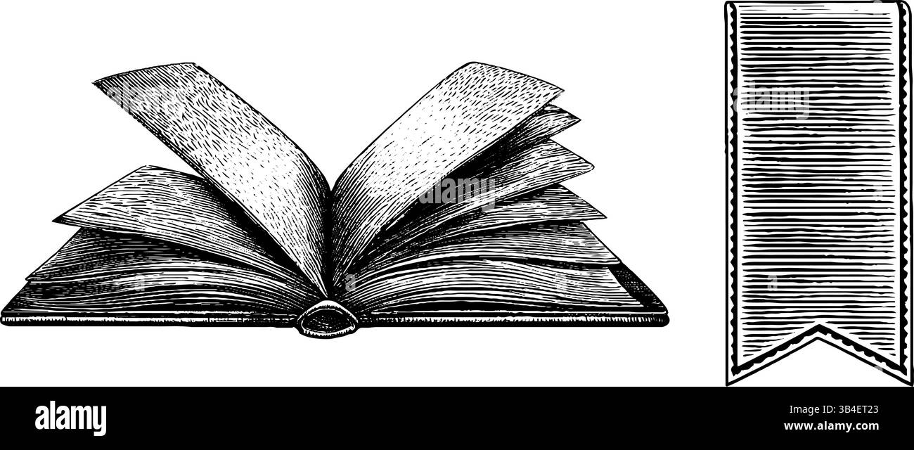 Vintage engraved illustration of an open book with bookmark for print ...