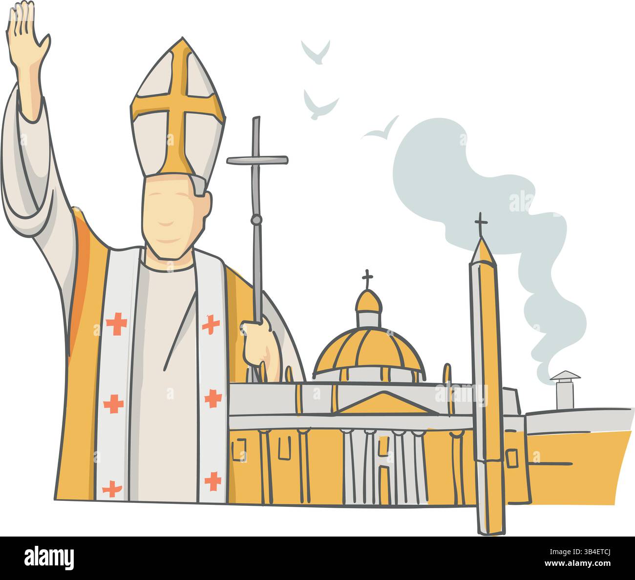 The new Pope greet as white smoke marks his election. horizontal vector ...