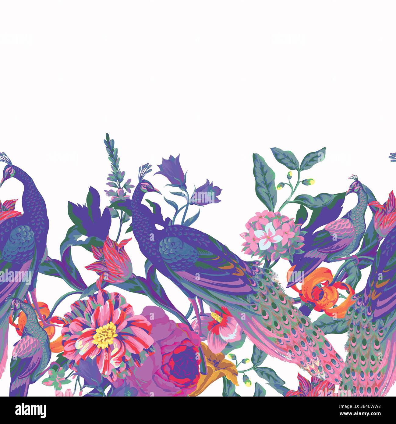 Seamless pattern with peacock and painting rococo still-lifes flowers ...