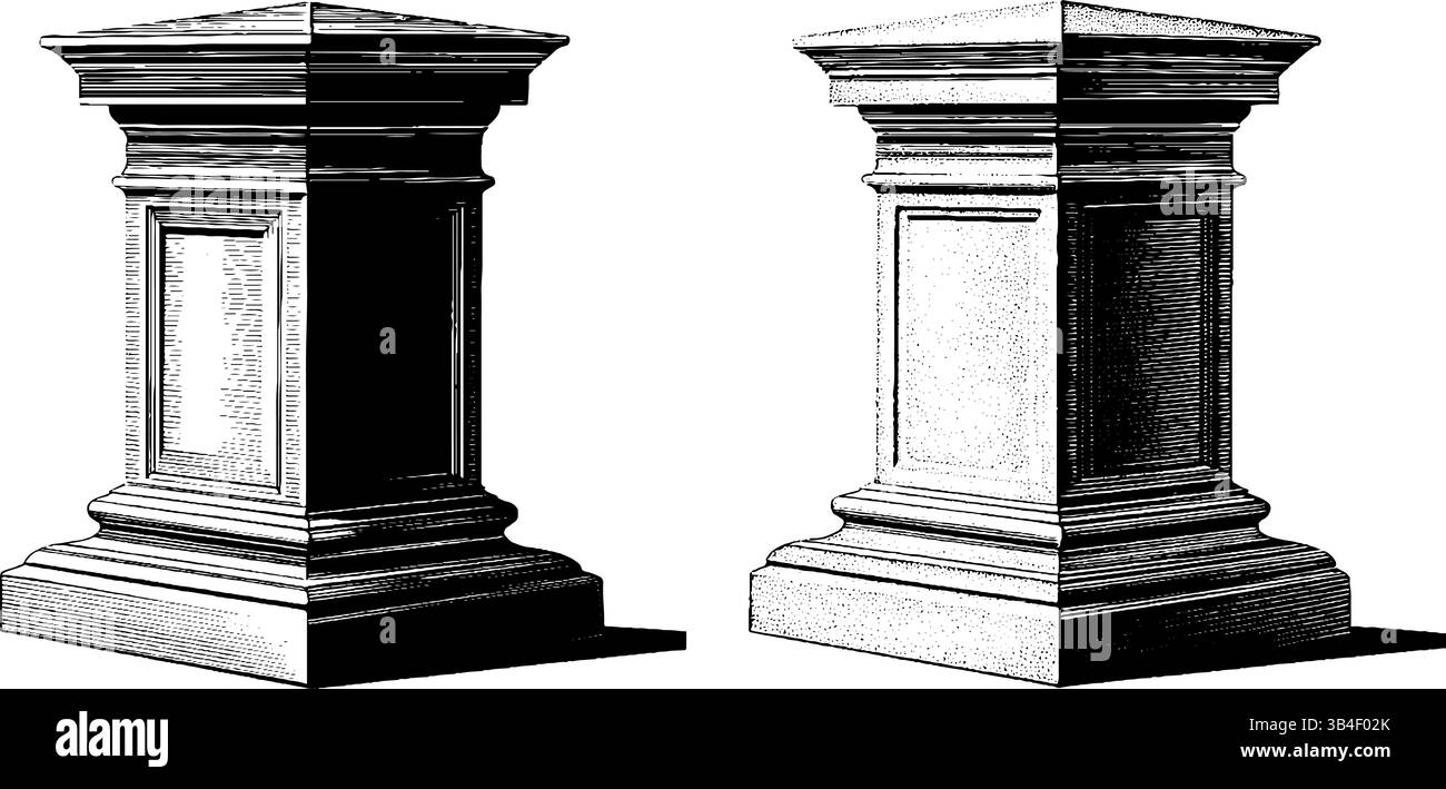 Engraved illustration set featuring detailed plinth and statue design ...