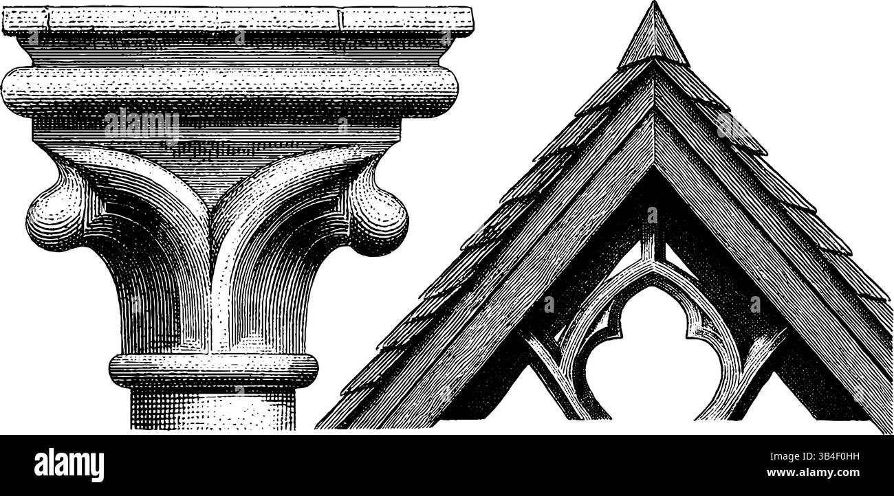 Architectural elements engraving: detailed buttress and flying arches ...