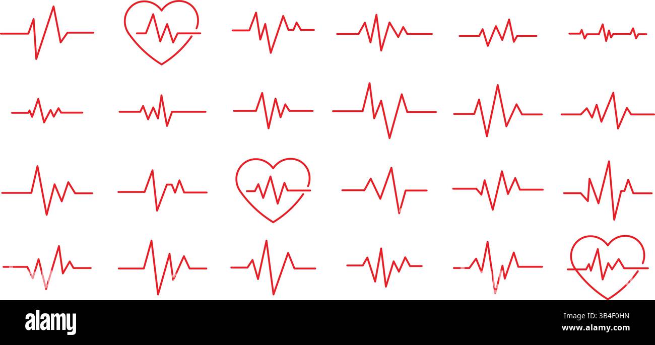 Collection of Red Cardiogram Heartbeat Icon vector line icon on White ...