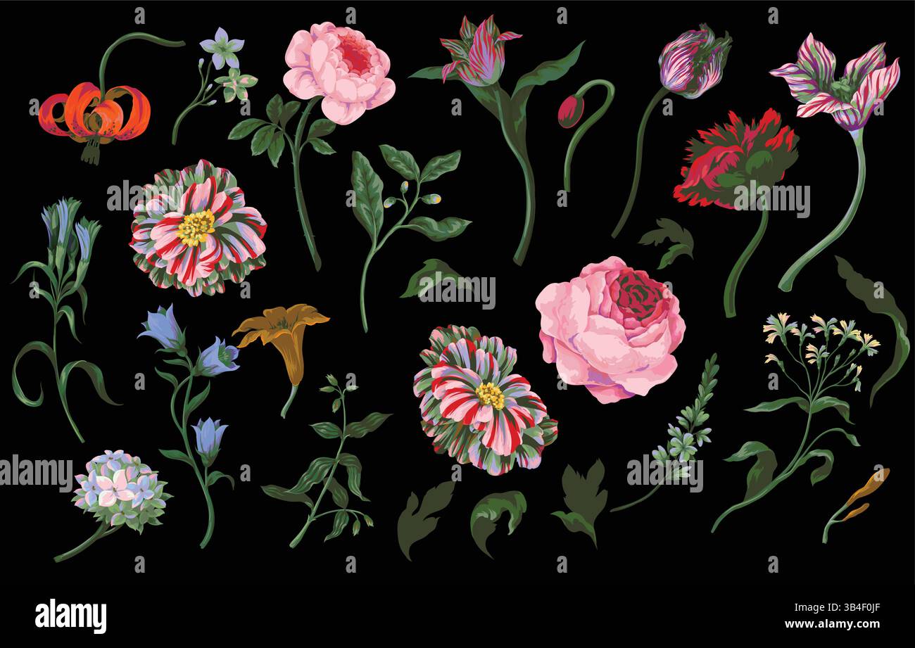 Big set oil painting rococo still-lifes flowers isolated. Vector Stock ...