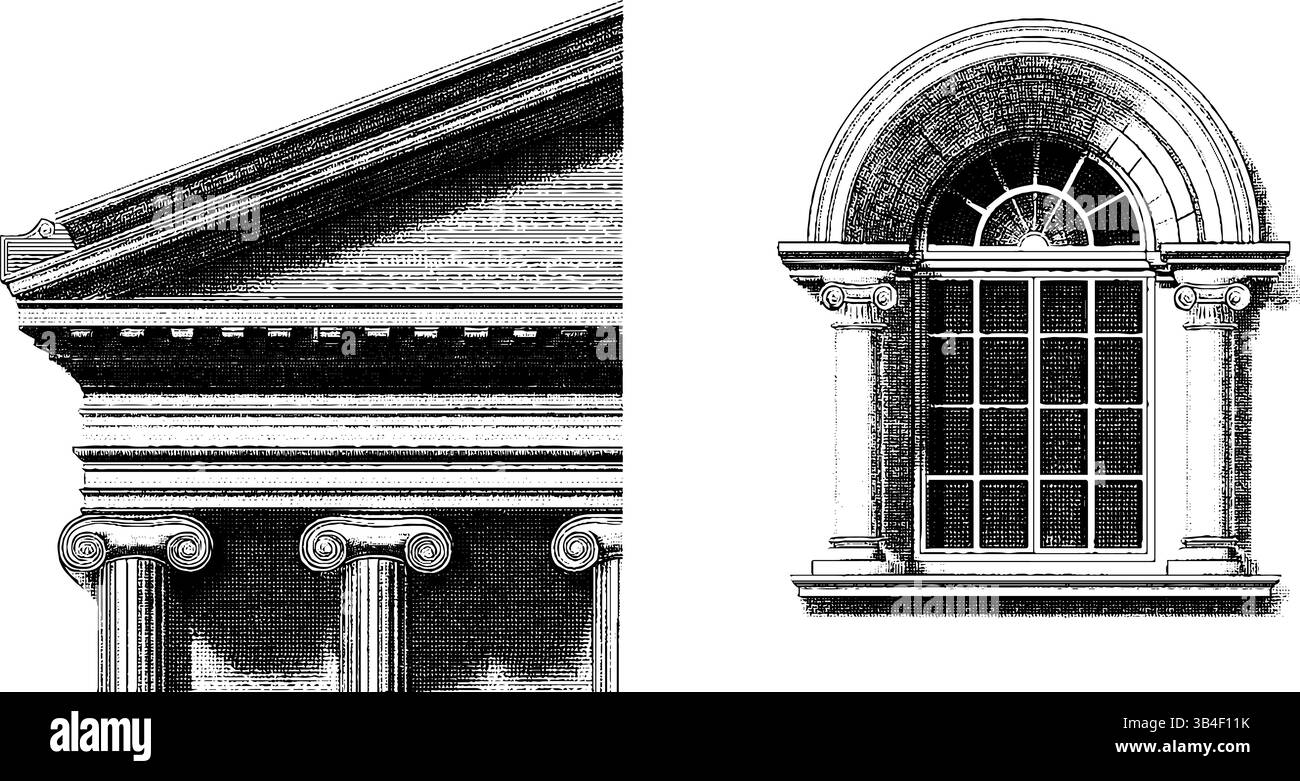 Classical architecture elements: engraved temple façade and arch design ...