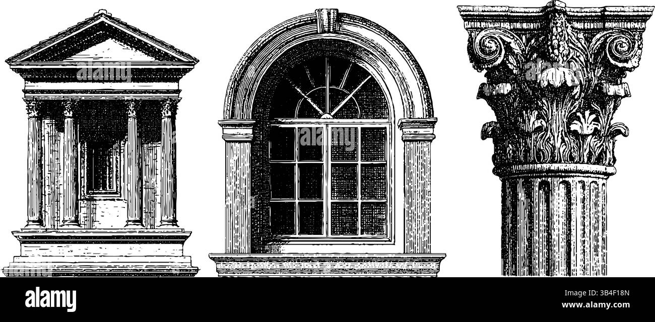 Architectural engravings of classical temple façade and arch elements ...