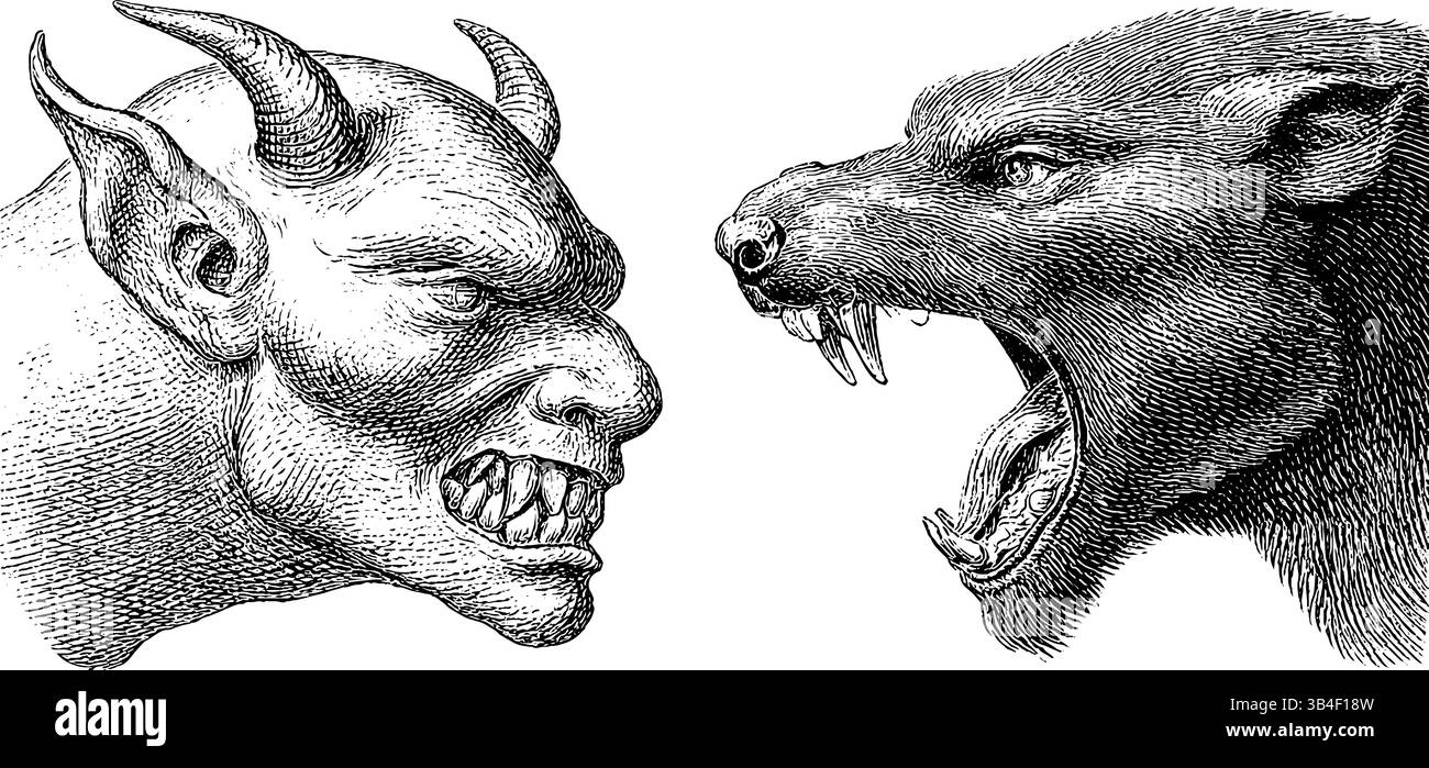 Engraved illustration of gargoyle and wendigo creatures in mythical art ...