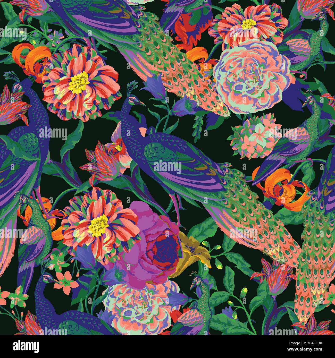 Seamless pattern with peacock and painting rococo still-lifes flowers ...