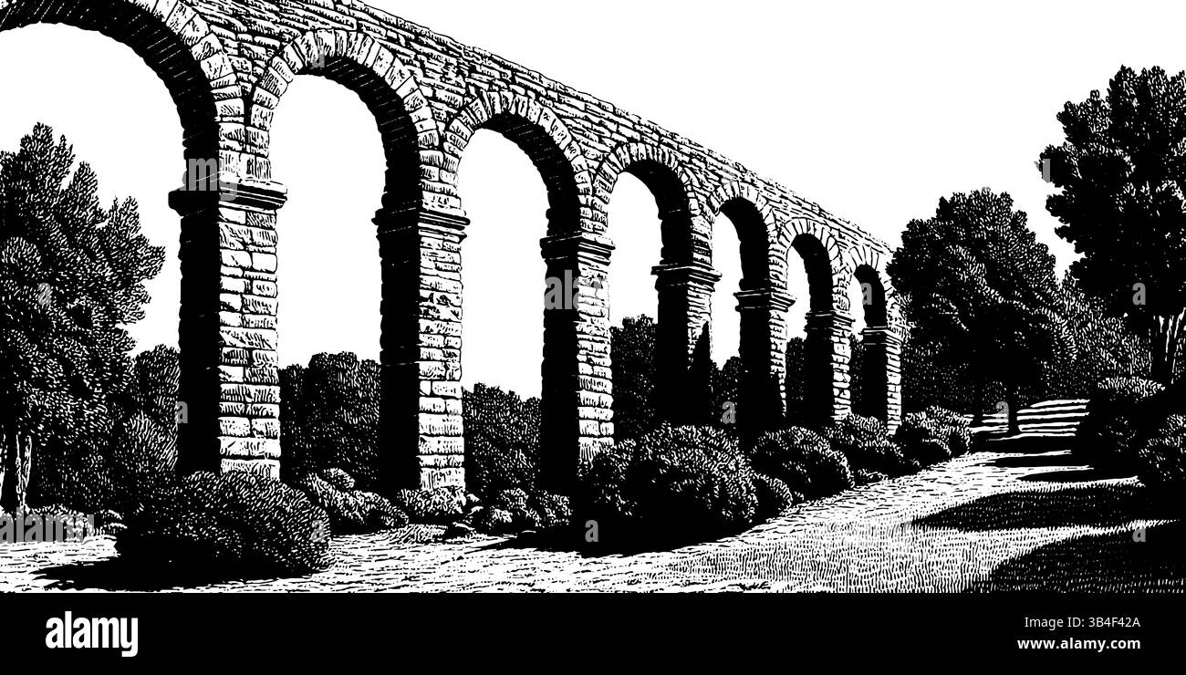 Historic aqueduct and arch engraving art for design projects Stock ...