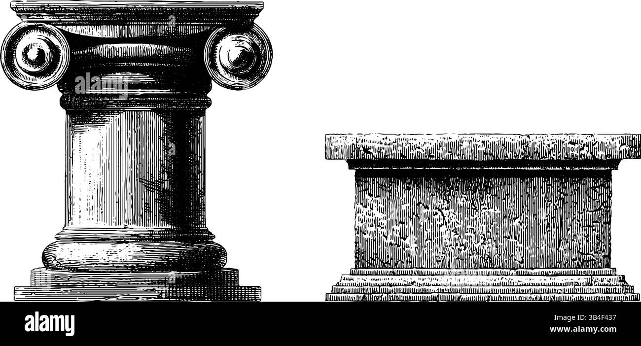 Classical architectural elements: engraved column shaft and stone base ...