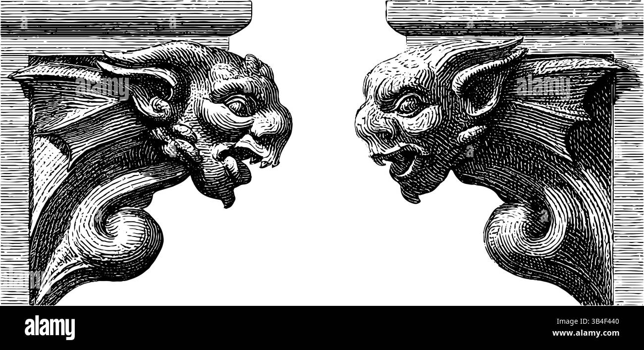 Engraved illustration of gothic gargoyle sculptures and architectural ...
