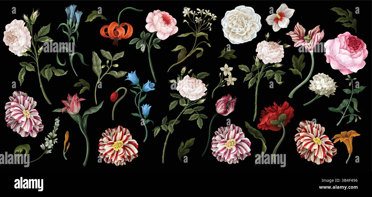 Big set oil painting rococo still-lifes flowers isolated. Vector Stock ...