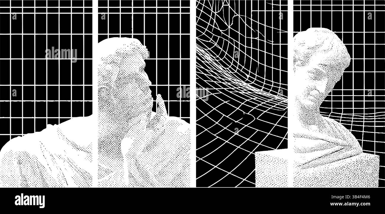 Abstract engraved art with grid and zigzag patterns featuring classical ...