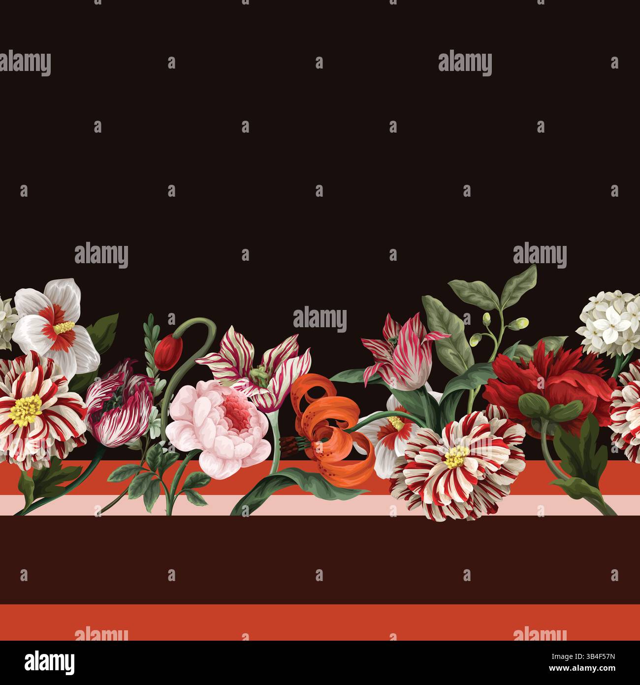 Border pattern with oil painting rococo still-lifes flowers. Vector ...
