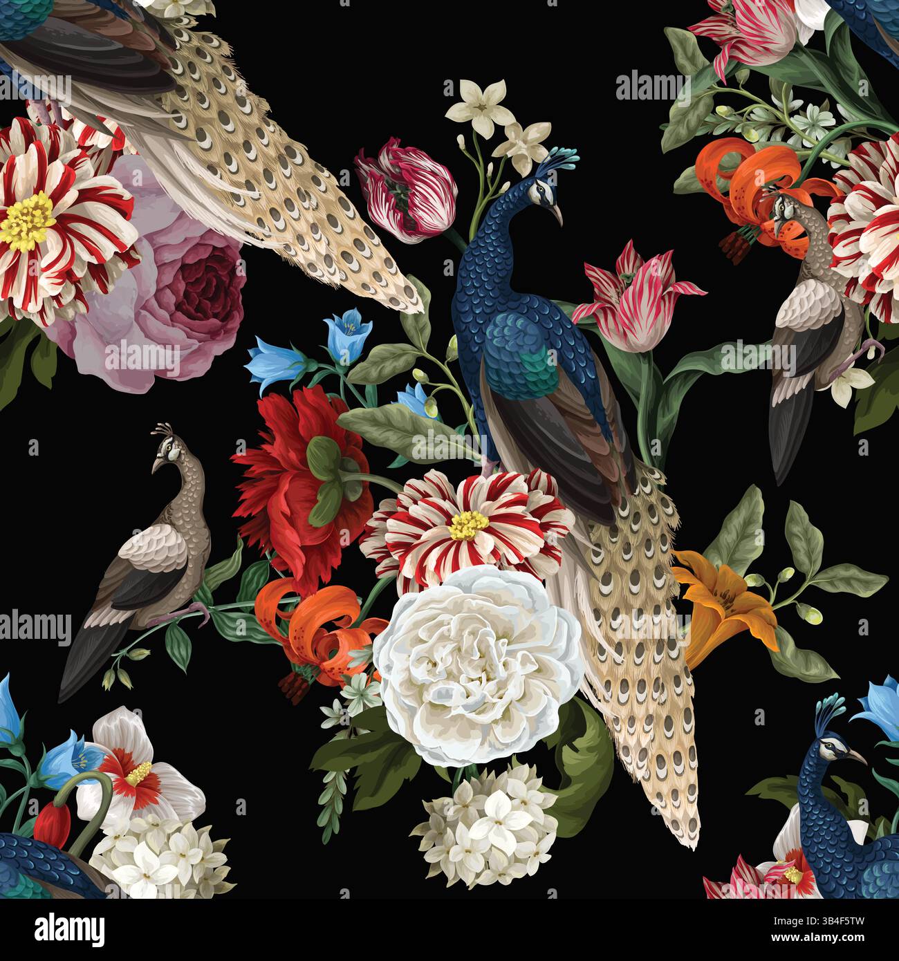 Seamless pattern with peacock and painting rococo still-lifes flowers ...